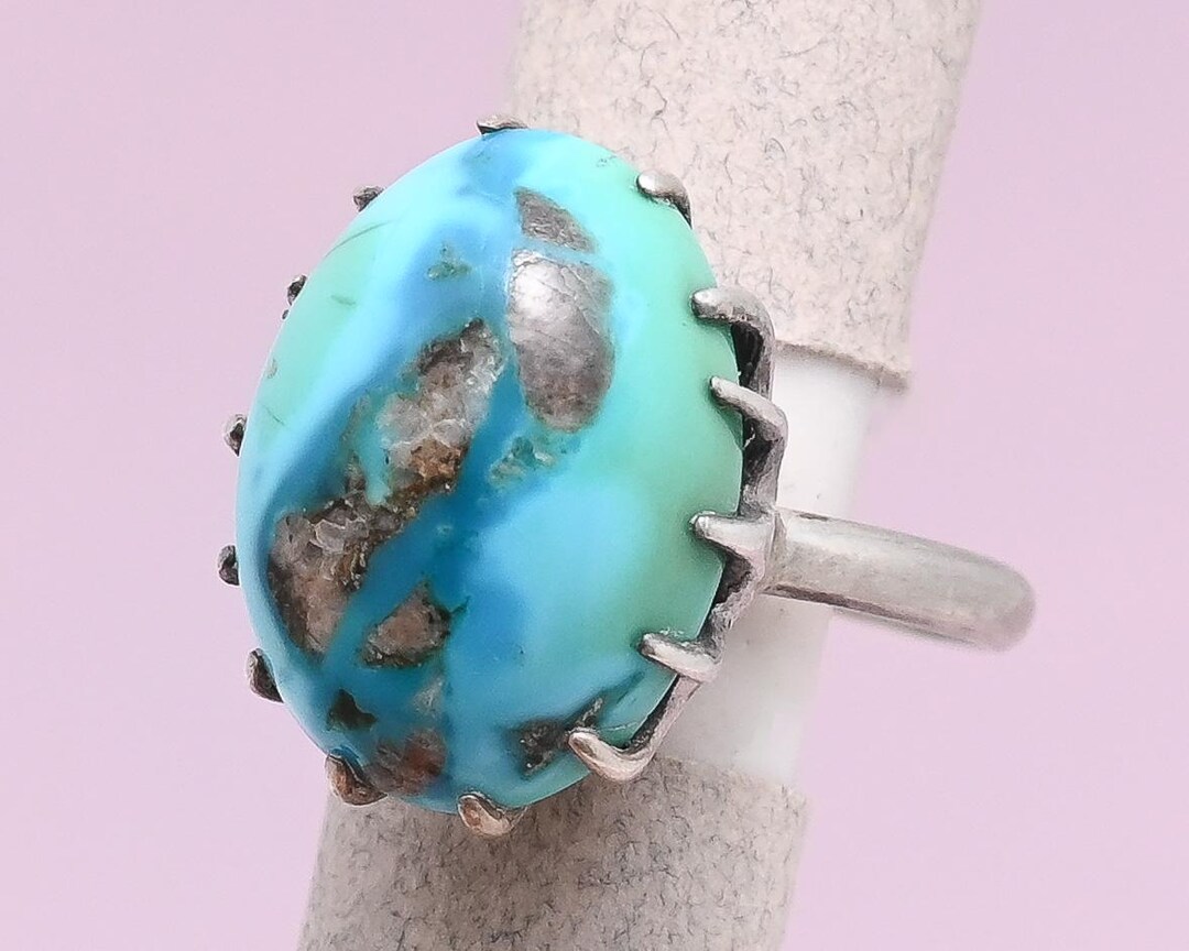 Vtg Art Deco Turquoise Glass Paste Dome Crown Sterling Silver Setting S ...