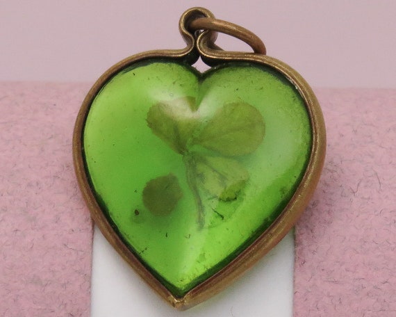 Antique Victorian Dried CLOVER Green Glass Paste HEAR… - Gem