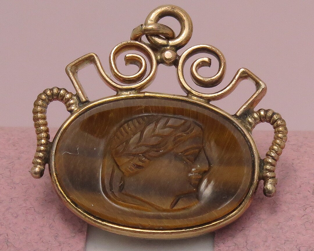 Antique Victorian Carved Tiger’s Eye Cameo Gold Filled Fob Charm ...