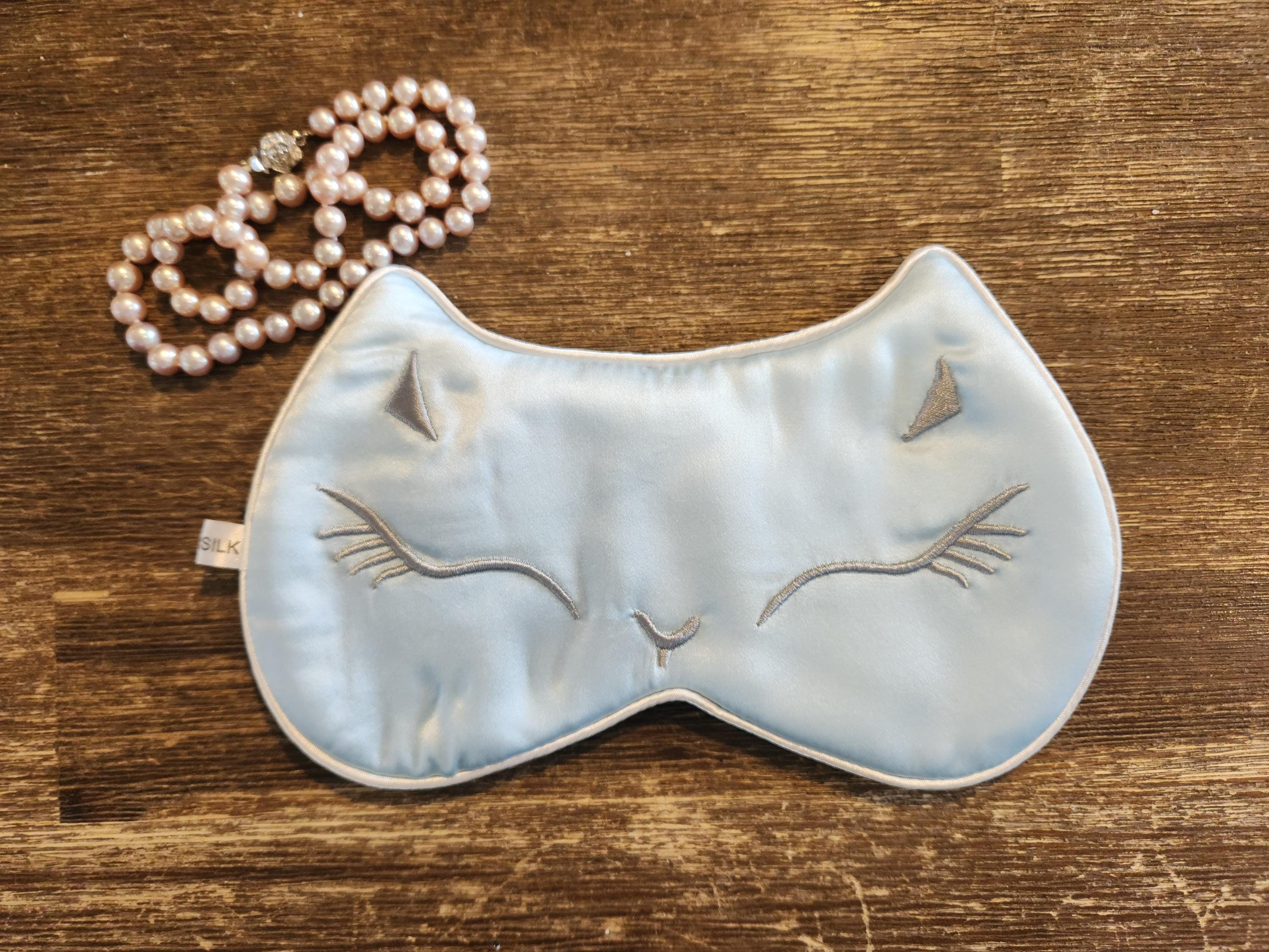 100% Mulberry Silk Sleeping Mask, Embroidered Cat Sleeping Mask, Cute ...