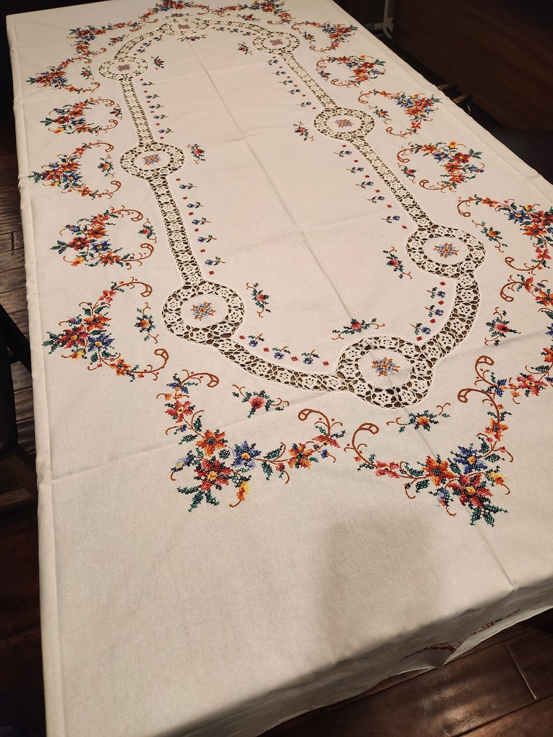 Hand Embroidered Cross Stitch and Crocheted Tablecloth, 170 Cm X 260 Cm ...