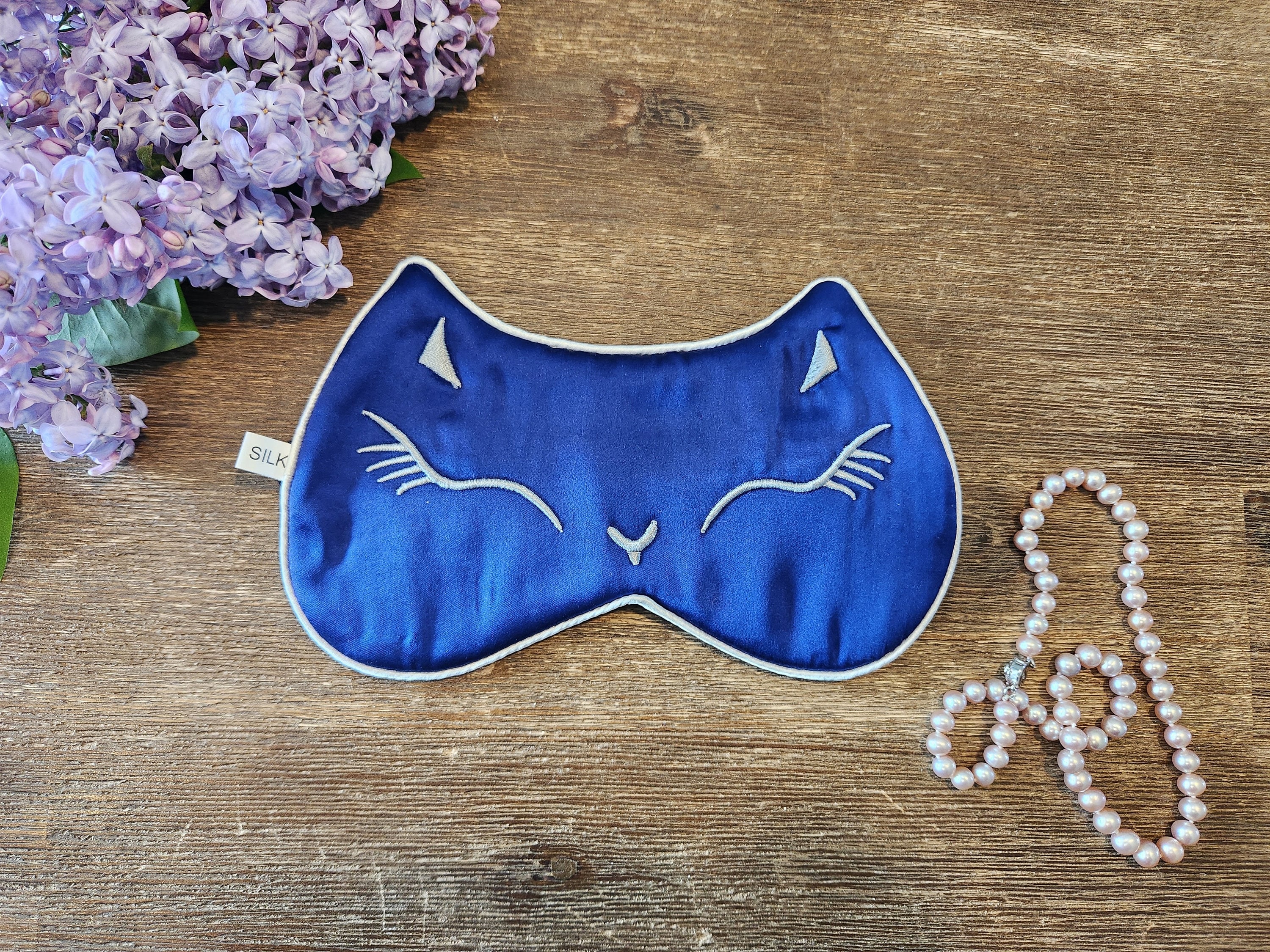 100% Mulberry Silk Sleeping Mask, Embroidered Cat Sleeping Mask, Cute ...