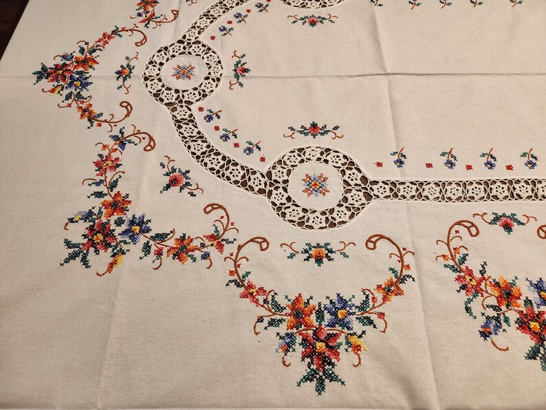 Hand Embroidered Cross Stitch and Crocheted Tablecloth, 170 Cm X 260 Cm ...
