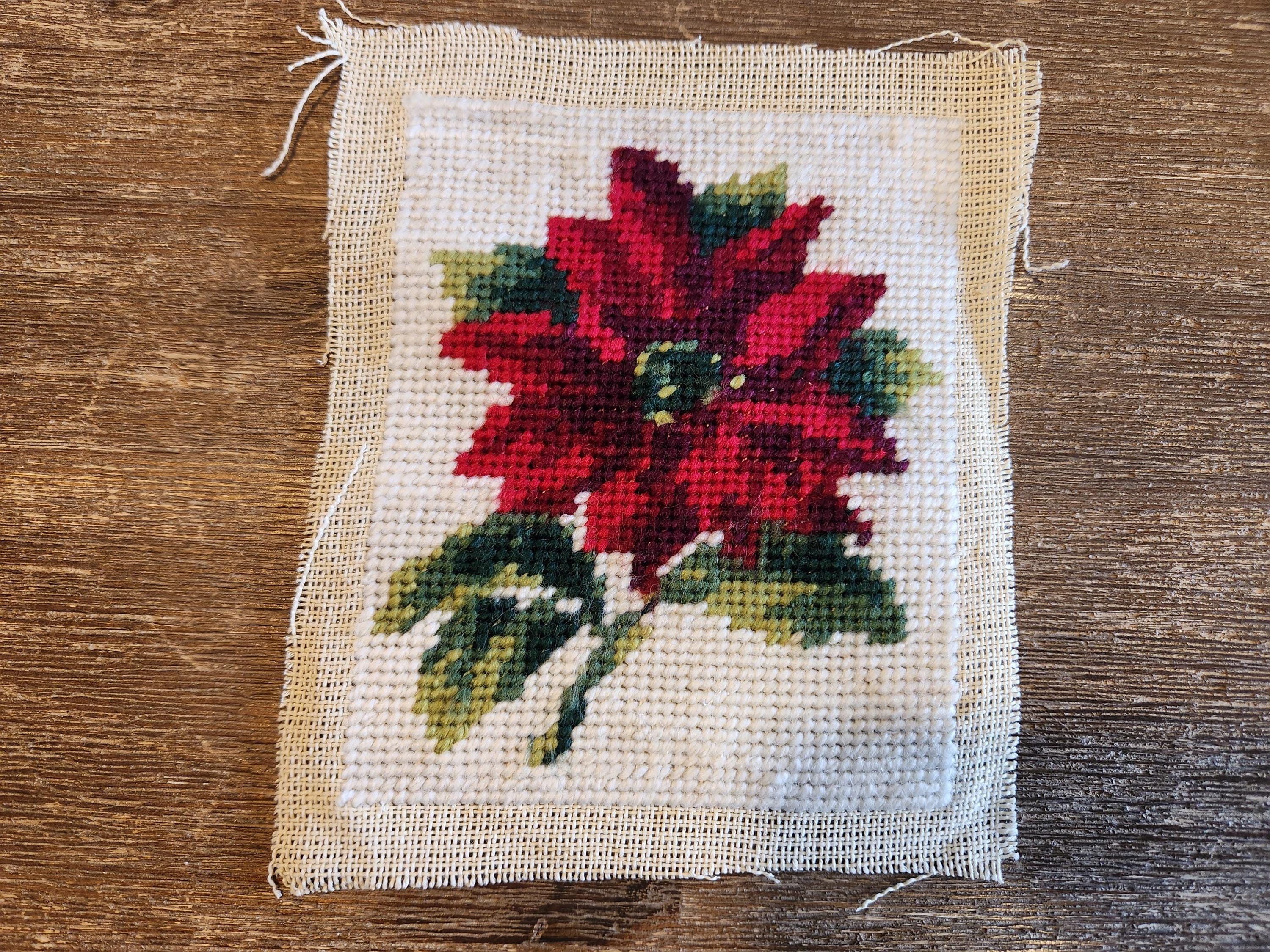 Wool Pre-worked Poinsettia Plant Needlepoint Canvas, Small Pre-worked ...