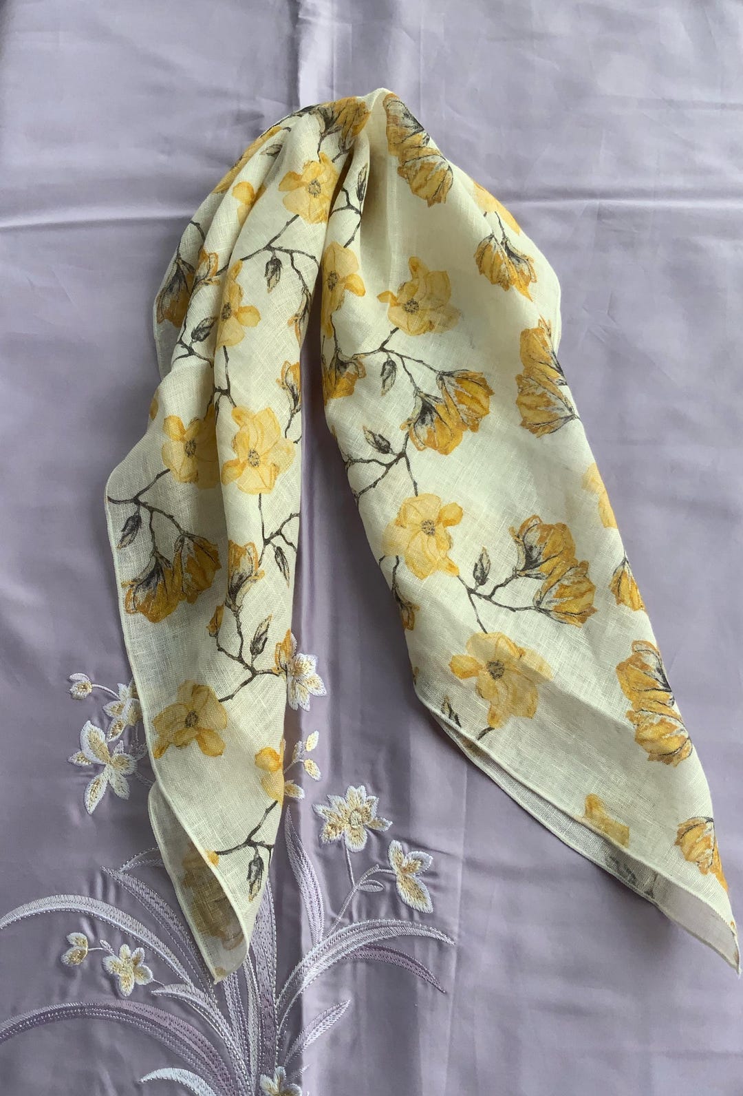 60 Cm 100% Linen Bandana, Yellow Flowers Linen Scarf, Spring and Summer ...
