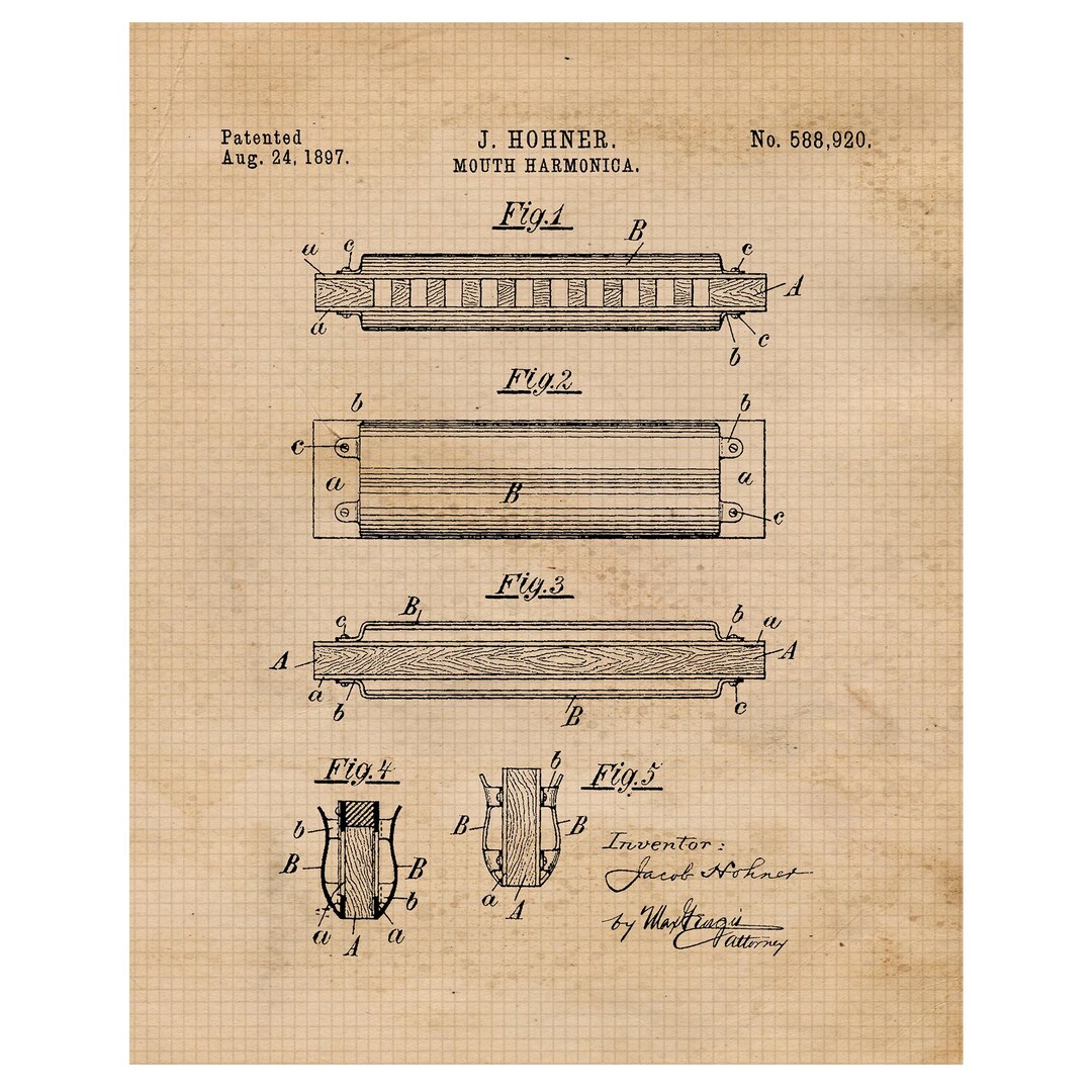 Vintage Harmonica Patent Prints, 1 Unframed Photos, Wall Art Decor Gift ...