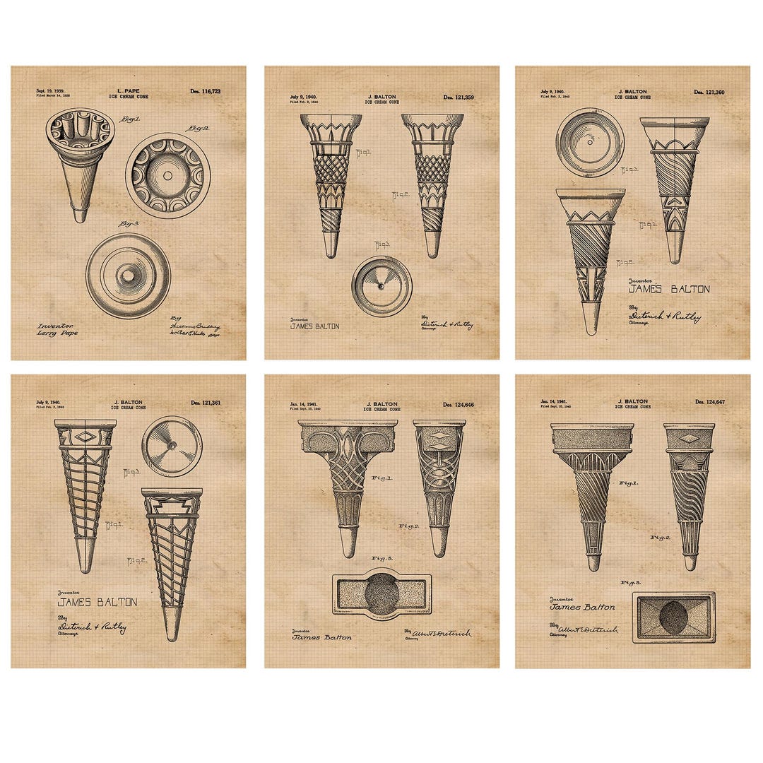 Vintage Ice Cream Cone Patent Print, 6 Unframed Photos, Wall Art Decor ...
