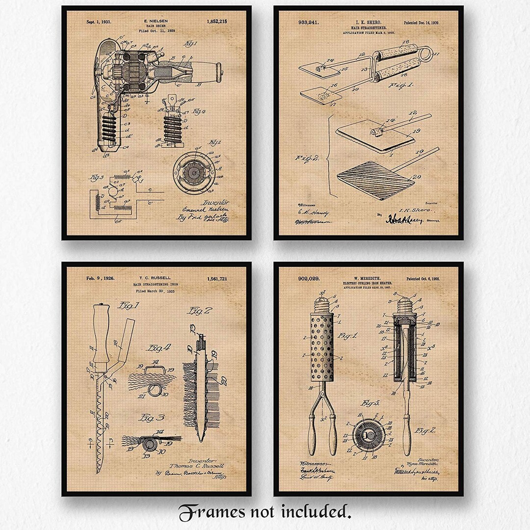Classic Hair Styling Tools Patent Prints, 4 Unframed Photos, Wall Art ...