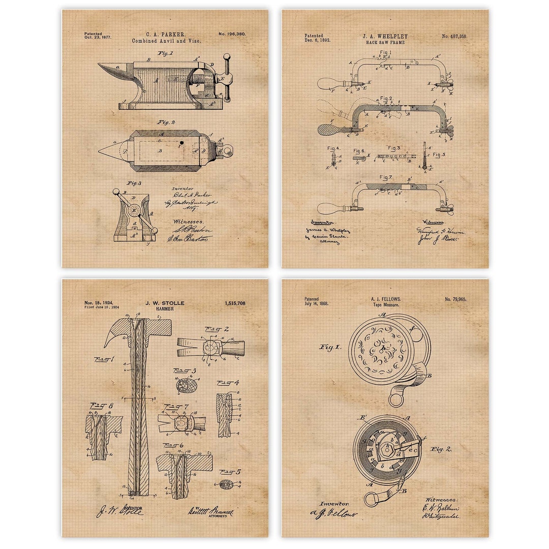 Classic Builder Construction Trade Tools Patent Prints, 4 Unframed ...