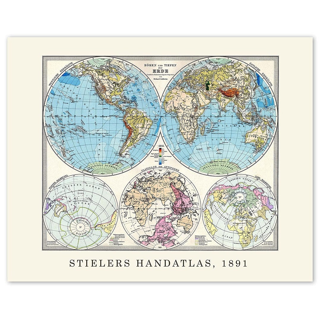Vintage World Continents 1891 Atlas Replica Map Prints, 1 Unframed ...