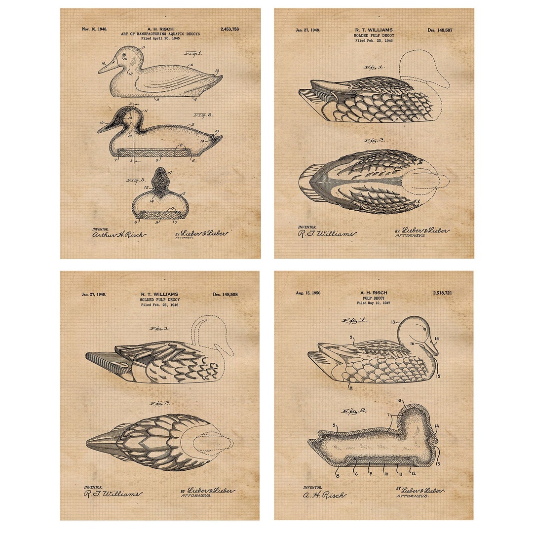 Vintage Duck Hunt Decoy Patent Prints, 4 Unframed Photos, Wall Art ...