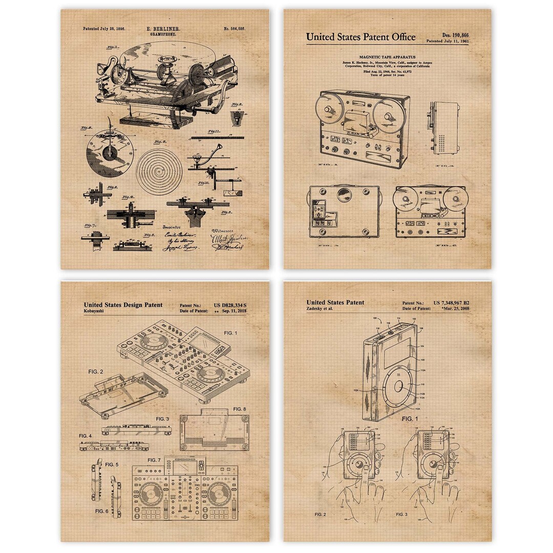Vintage Record Tape MP3 Digital Player Audio Mixer Patent Prints, 4 ...