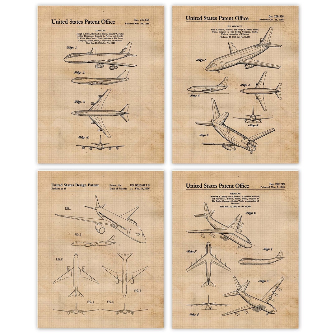 Classic Boeing Airplane Patent Prints, 4 Unframed Photos, Wall Art ...