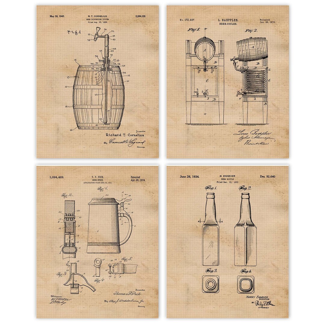 Vintage Beer Brewing Patent Prints, 4 Unframed Photos, Wall Art Decor ...