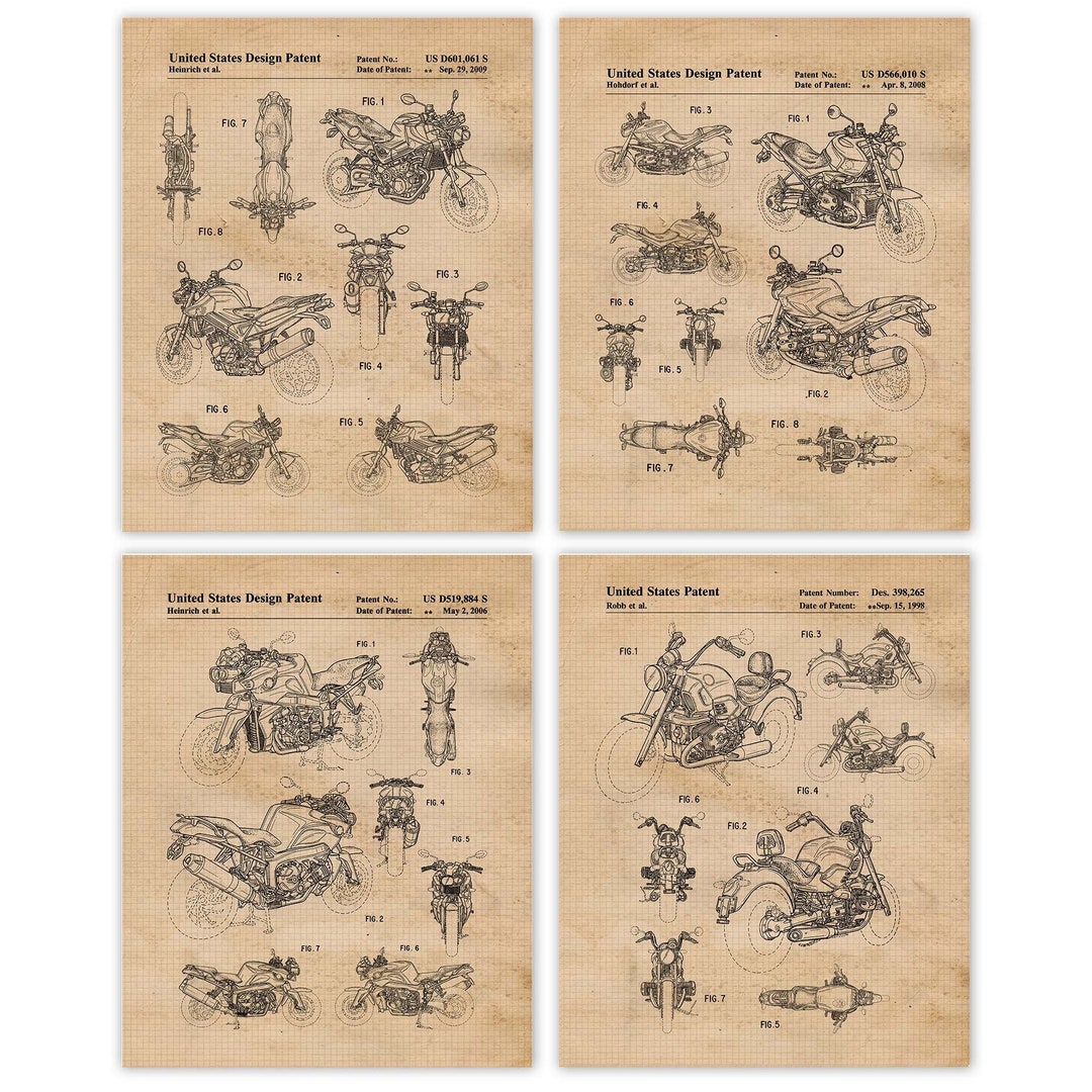 Classic Motorcycles Patent Prints, 4 Unframed Photos, Wall Art Decor ...