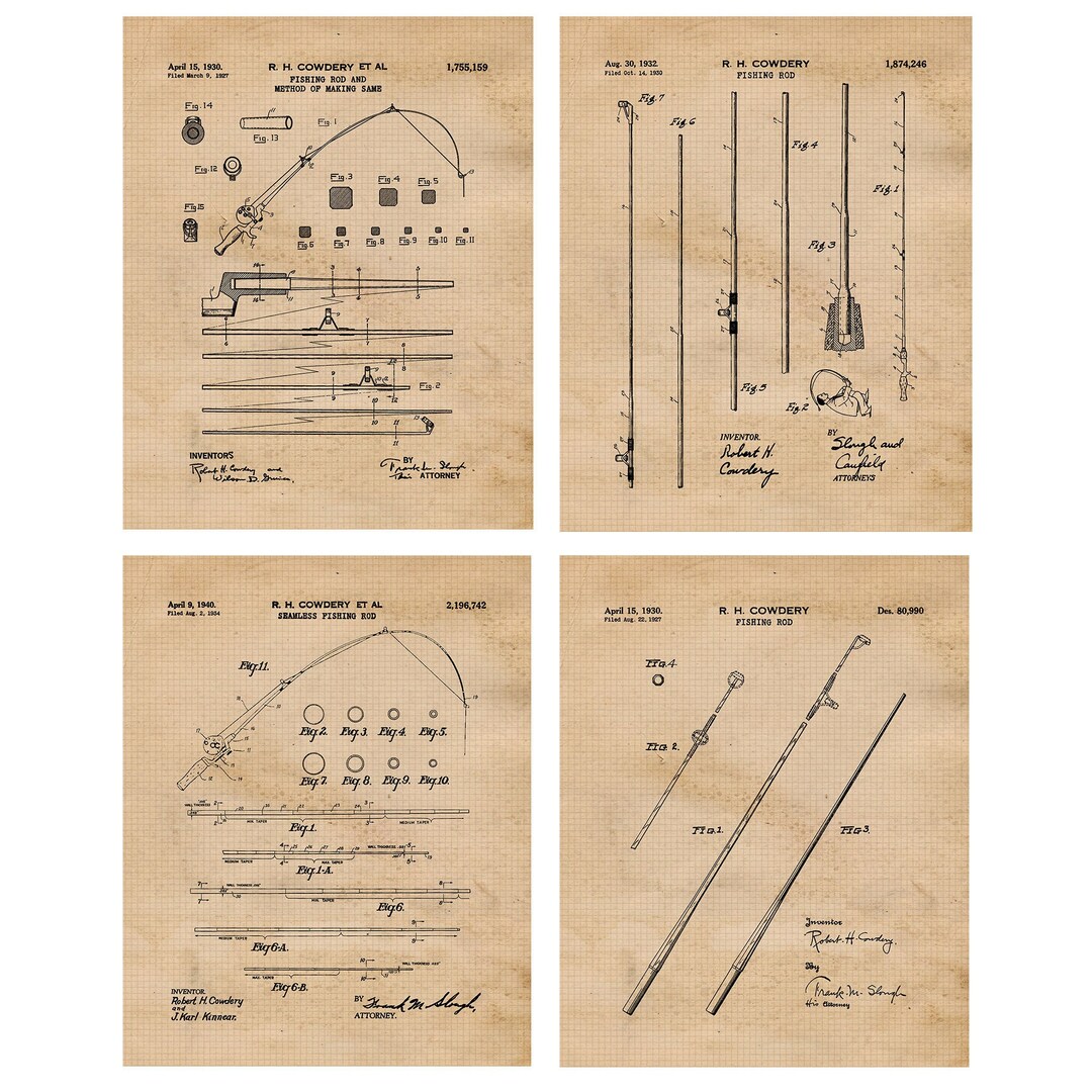 Vintage Fishing Rod Patent Prints, 4 Unframed Photos, Wall Art Decor ...