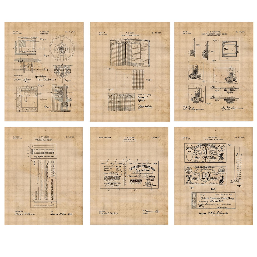 Vintage Banking Patent Prints, 6 Unframed Photos, Wall Art Decor for ...
