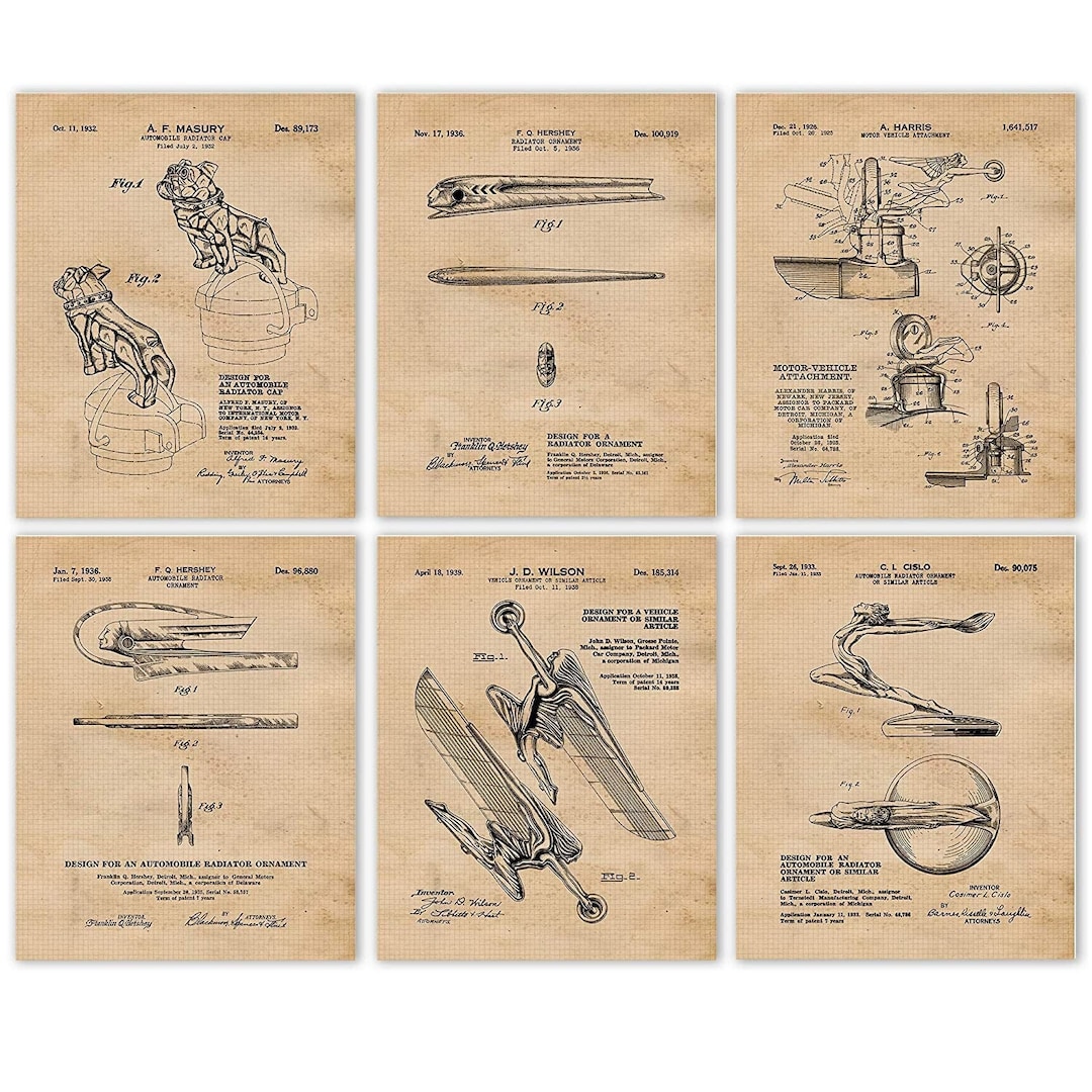 Classic Hood Emblem Ornament Patent Prints, 6 Unframed Photos, Wall Art ...