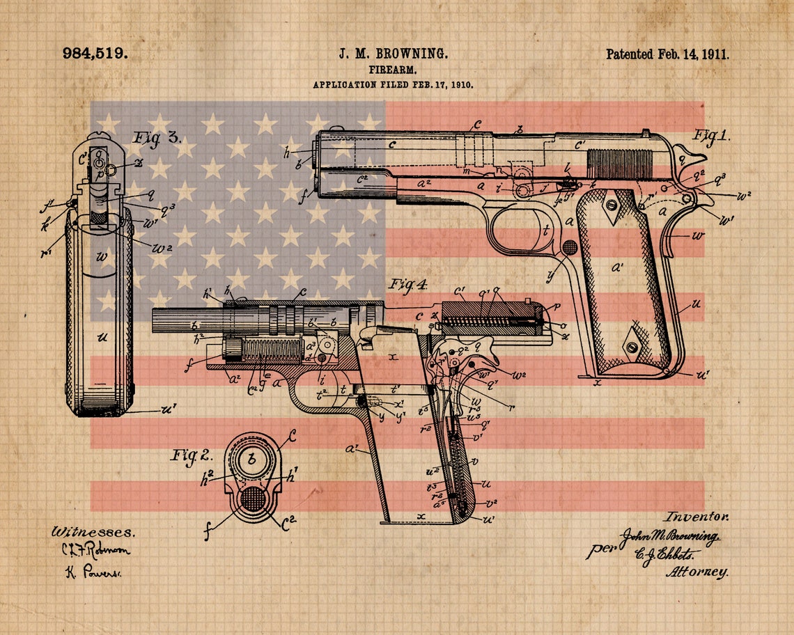 Vintage 1911 Colt 45 JM Browning Gun Patent Prints, 1 Unframed Photos ...