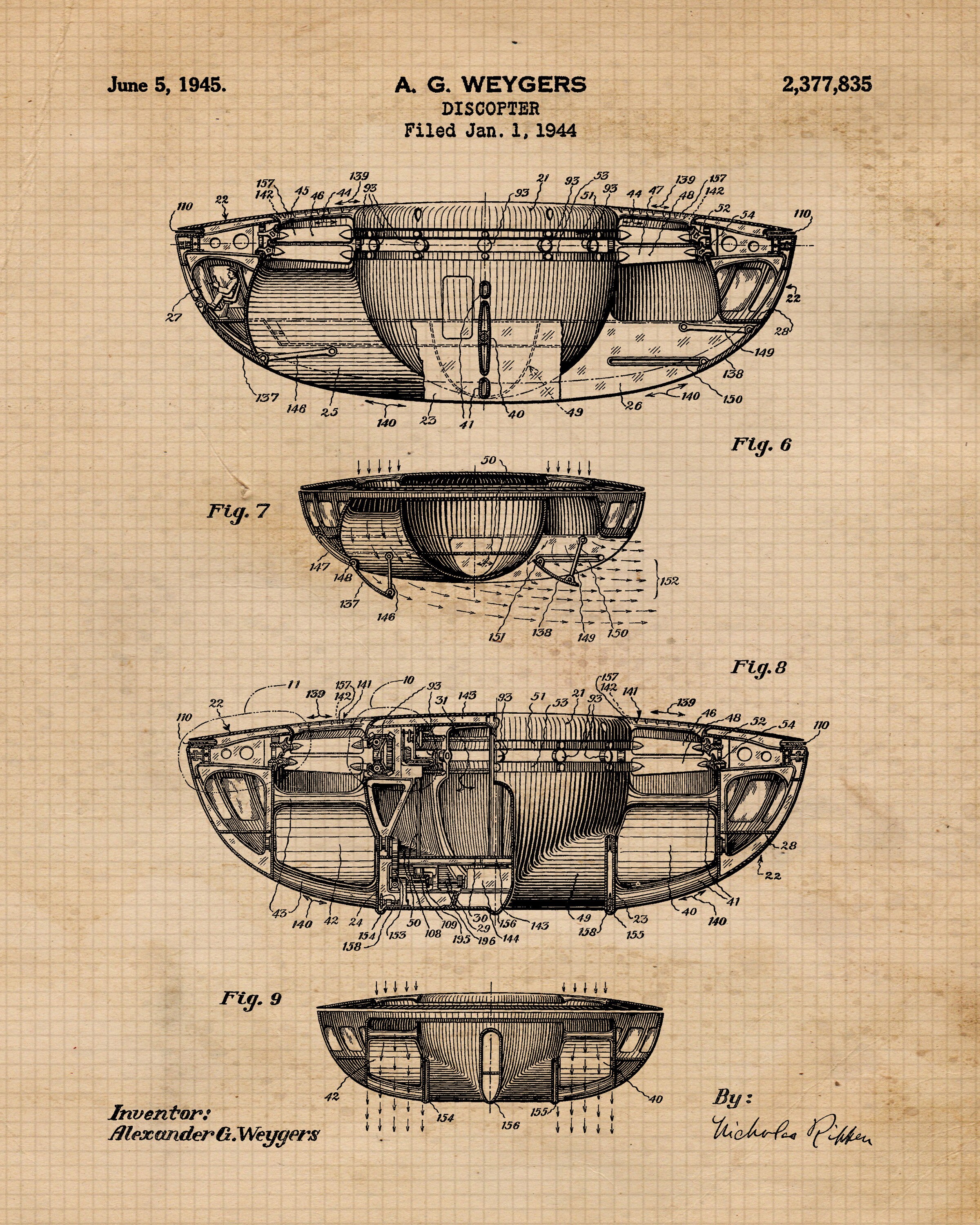 Vintage Discopter Flying Saucer Patent Prints, 4 Unframed Photos, Wall ...