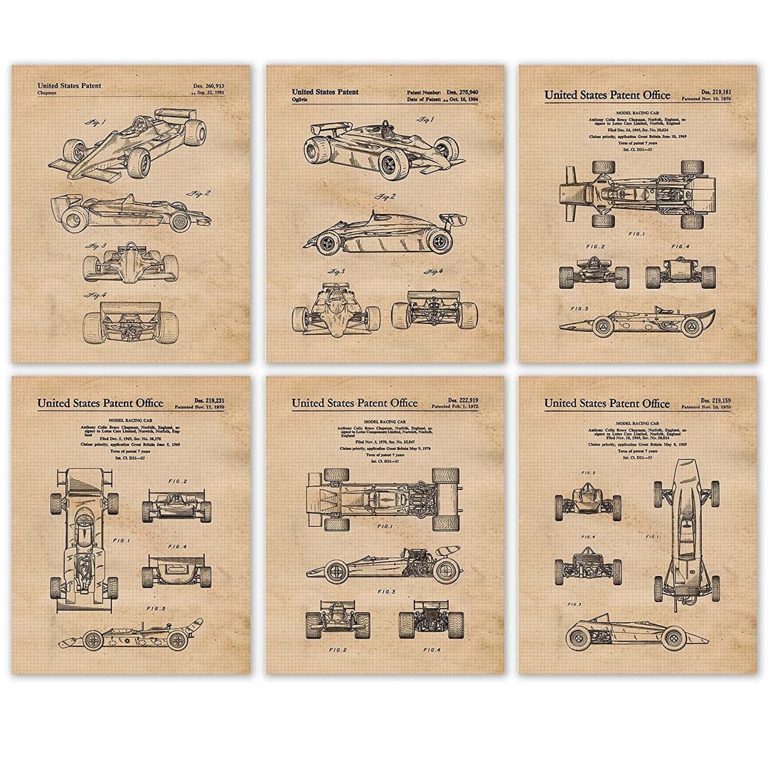 Vintage F1 Motorsports Indy Car Patent Prints, 6 Unframed Photos, Wall ...
