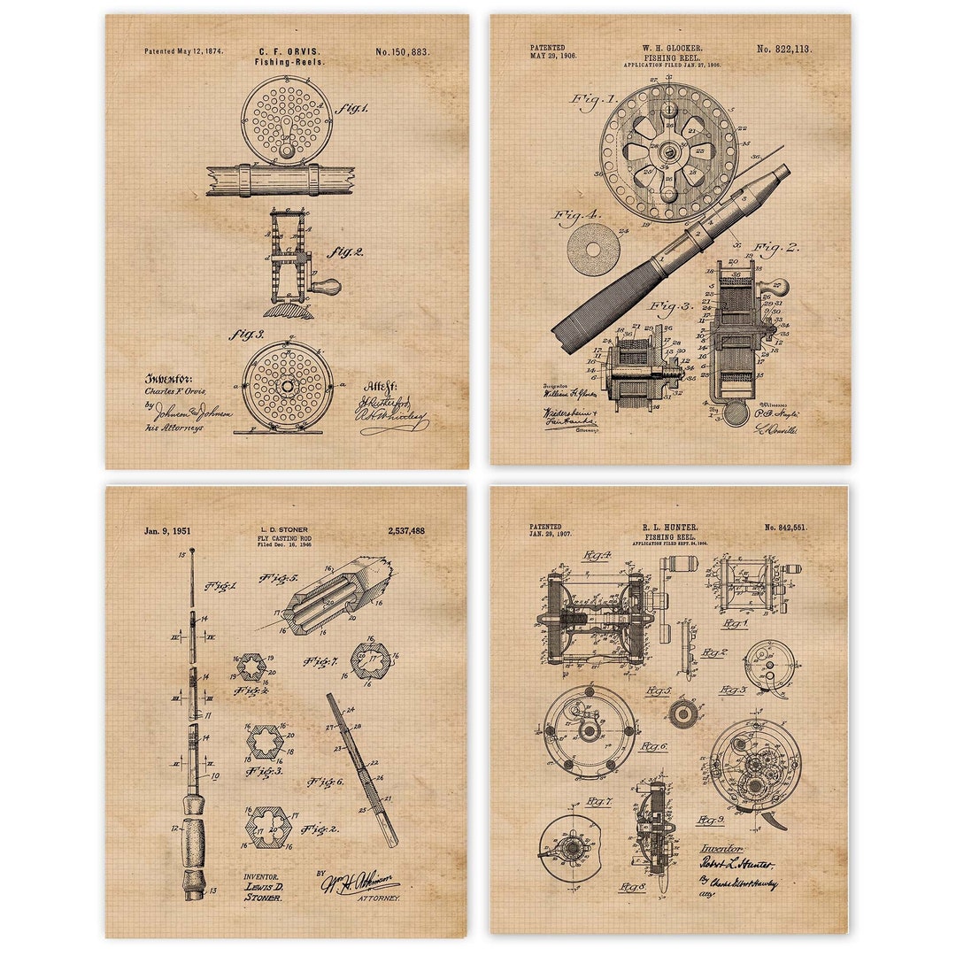 Vintage Fishing Rod Reel Patent Prints, 4 Unframed Photos, Wall Art ...