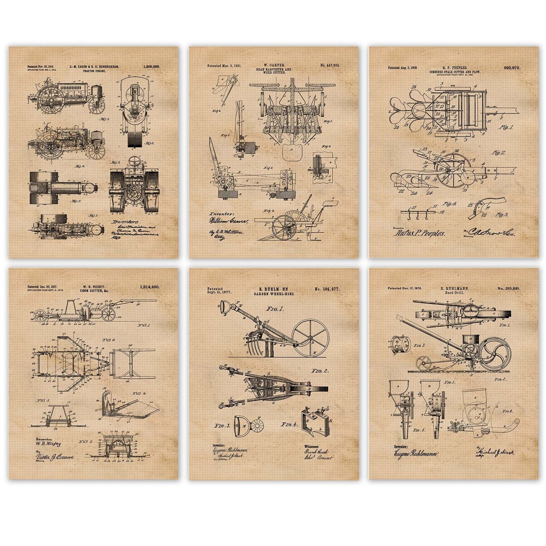 Vintage Farming Tools Patent Prints, 6 Unframed Photos, Wall Art Decor ...
