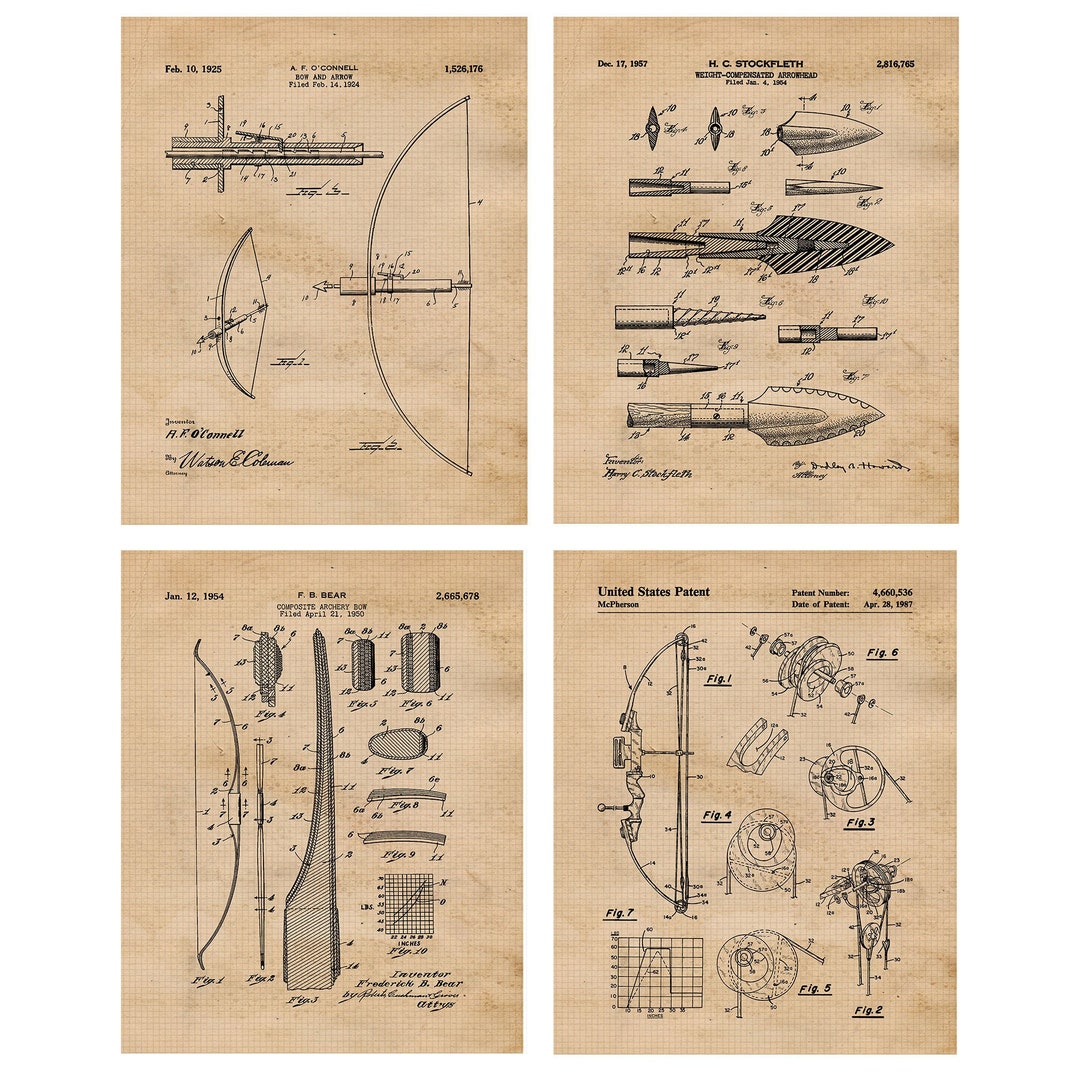 Vintage Bow Arrow Patent Prints, 4 Unframed Photos, Wall Art Decor ...