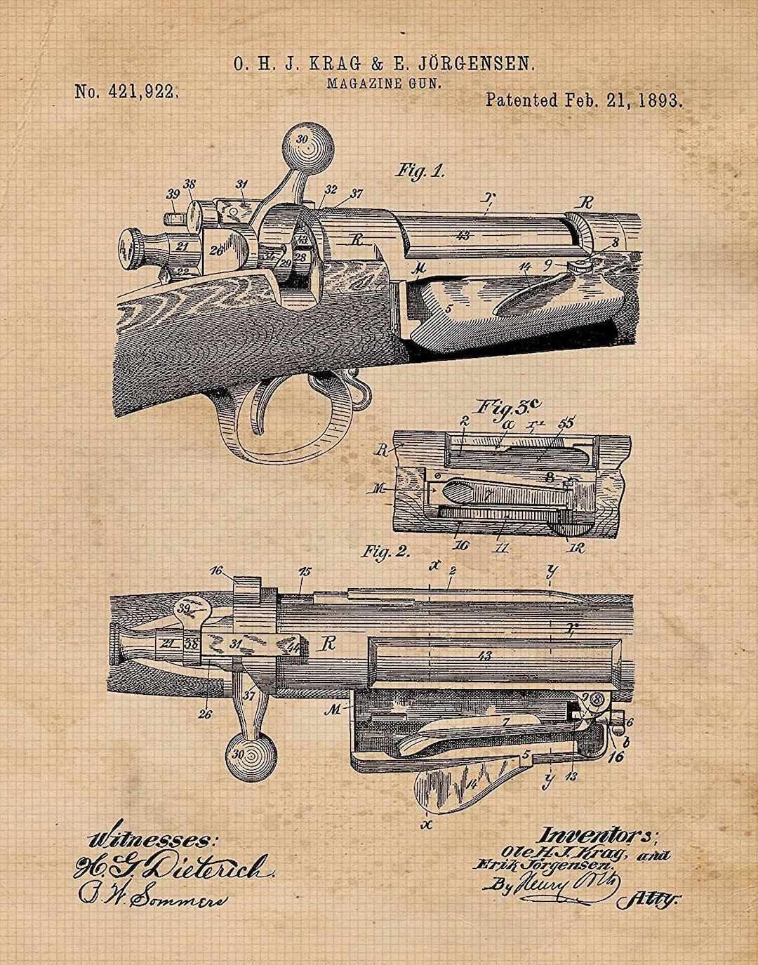 Vintage 1892 Springfield Rifle Patent Prints, 1 Unframed Photos, Wall ...
