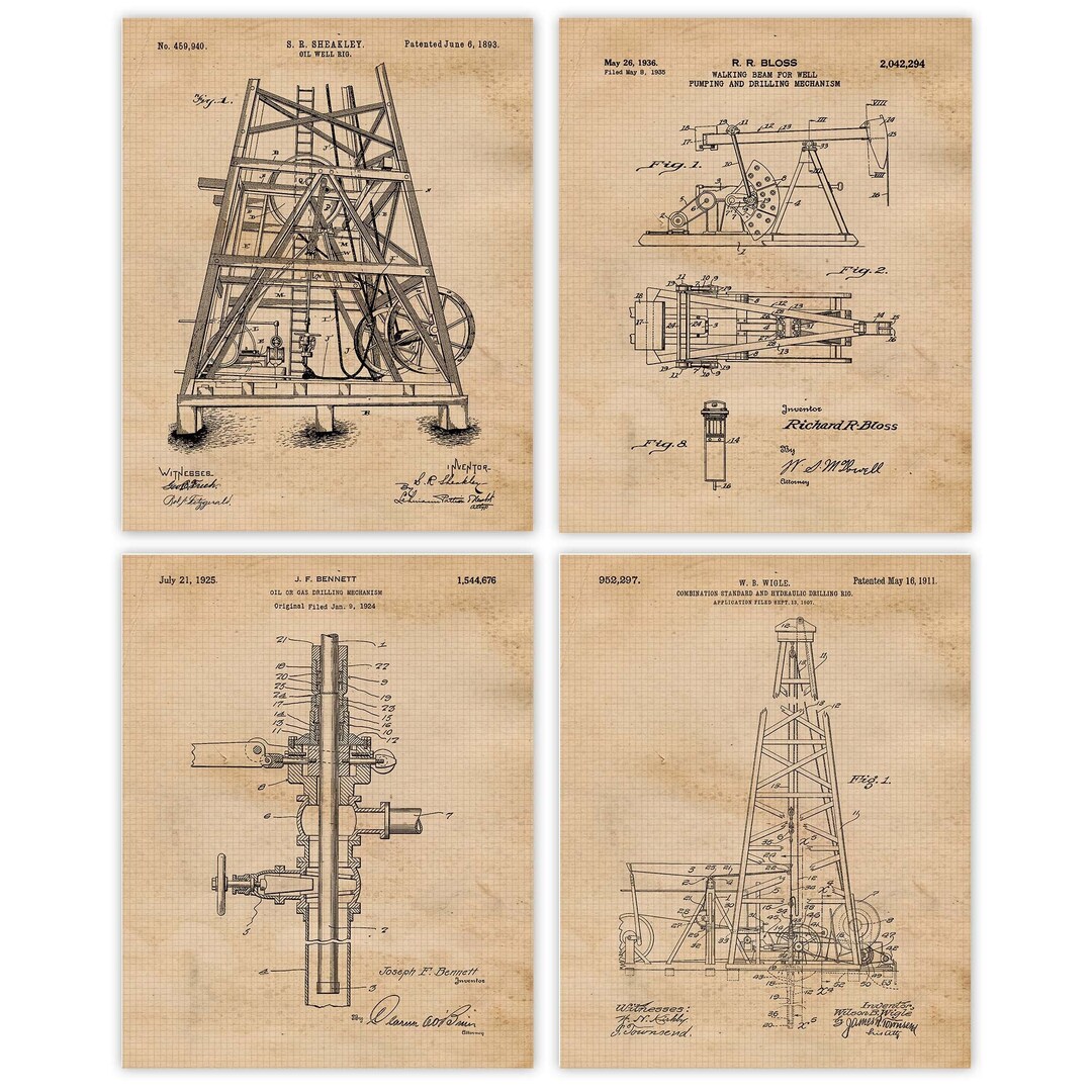 Vintage Oil Rig Patent Prints, 4 Unframed Photos, Wall Art Decor Gifts ...