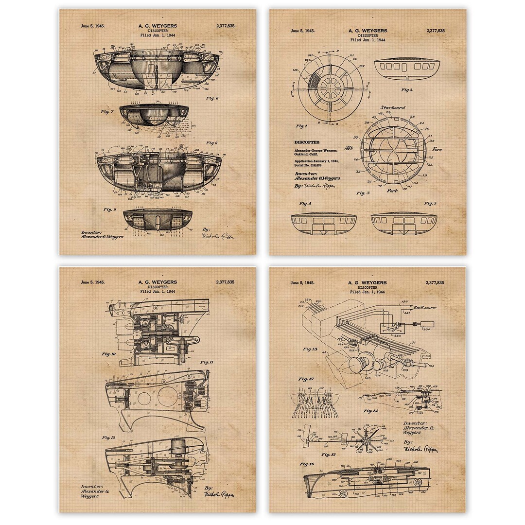 Vintage Discopter Flying Saucer Patent Prints, 4 Unframed Photos, Wall ...