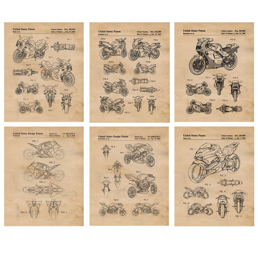 Vintage Motorcycles V2 Patent Prints, 6 Unframed Photos, Wall Art Decor ...