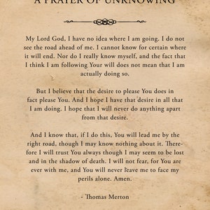 Classic Thomas Merton Prayer of Unknowing Quote Prints, 1 Unframed ...