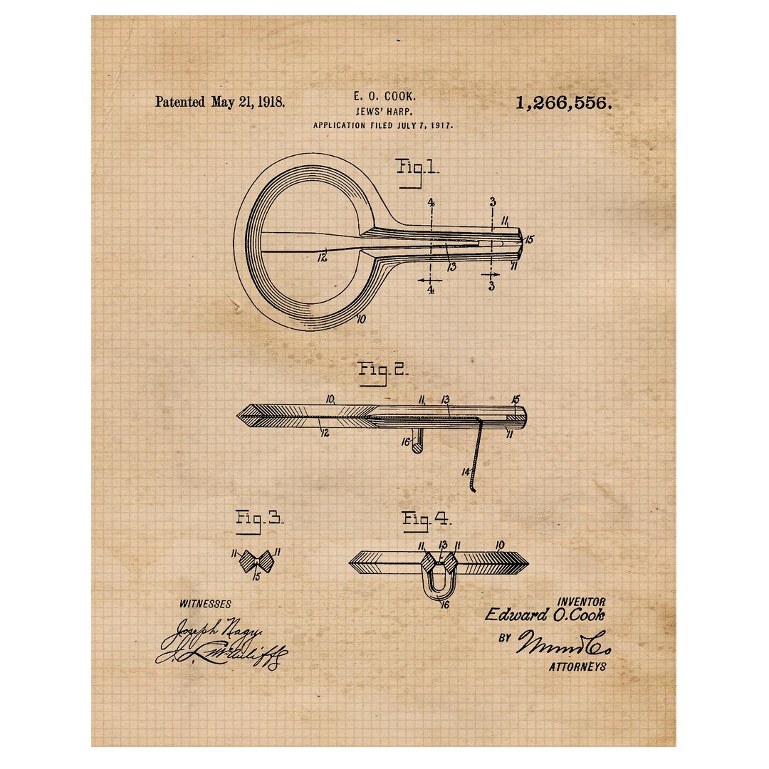 Vintage Jews Harp Instrument Patent Prints, 1 Unframed Photos, Wall Art ...