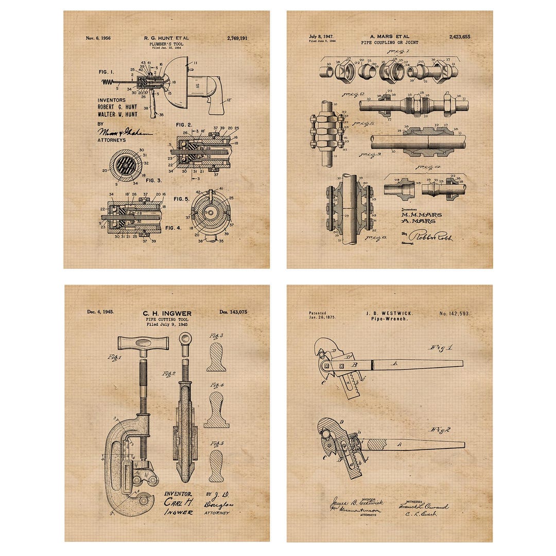 Classic Builder Plumbing Pipe Trade Tools Patent Prints, 4 Unframed ...