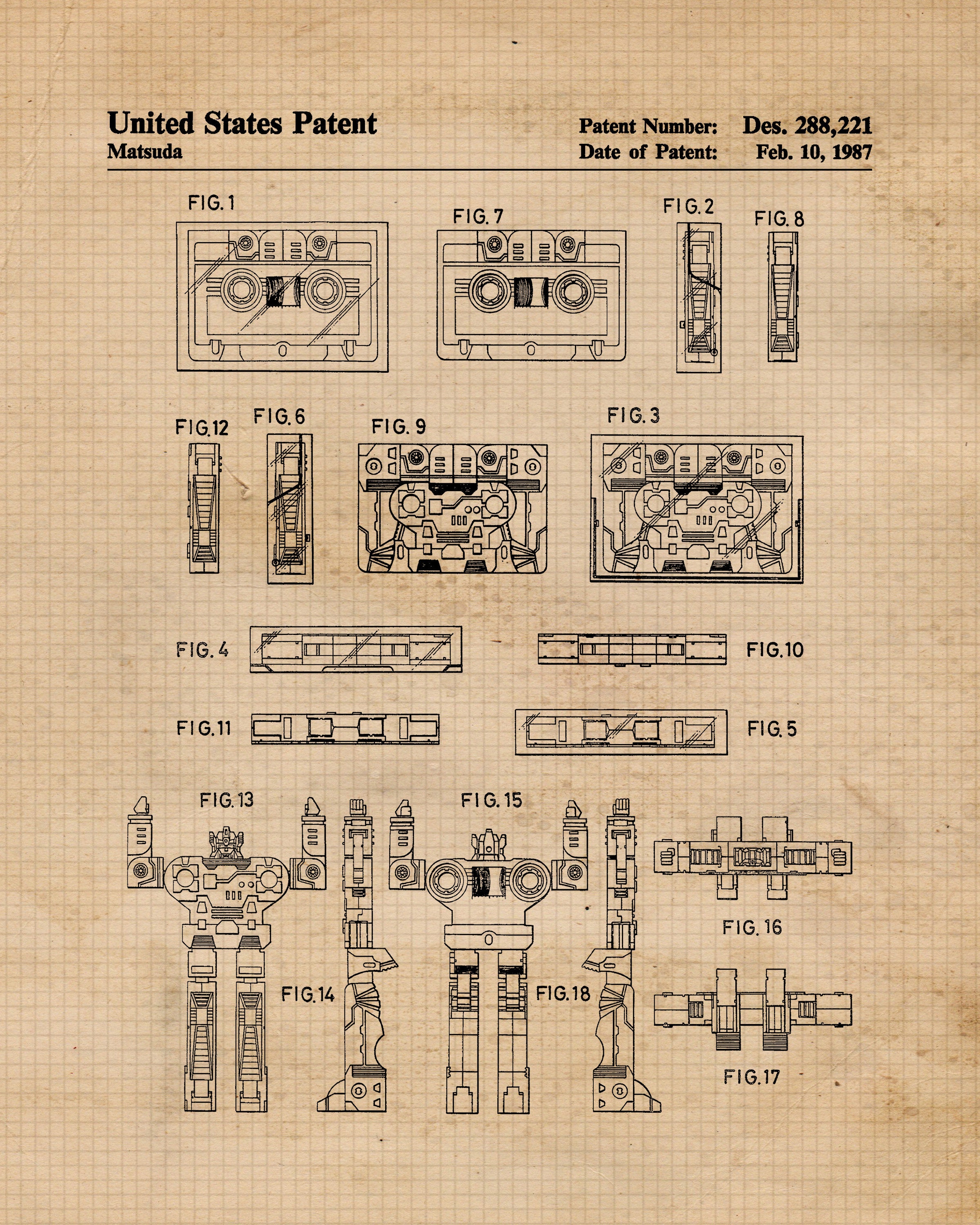 Classic Cassette Player Robot Transformer Toys Patent Prints, 4 ...