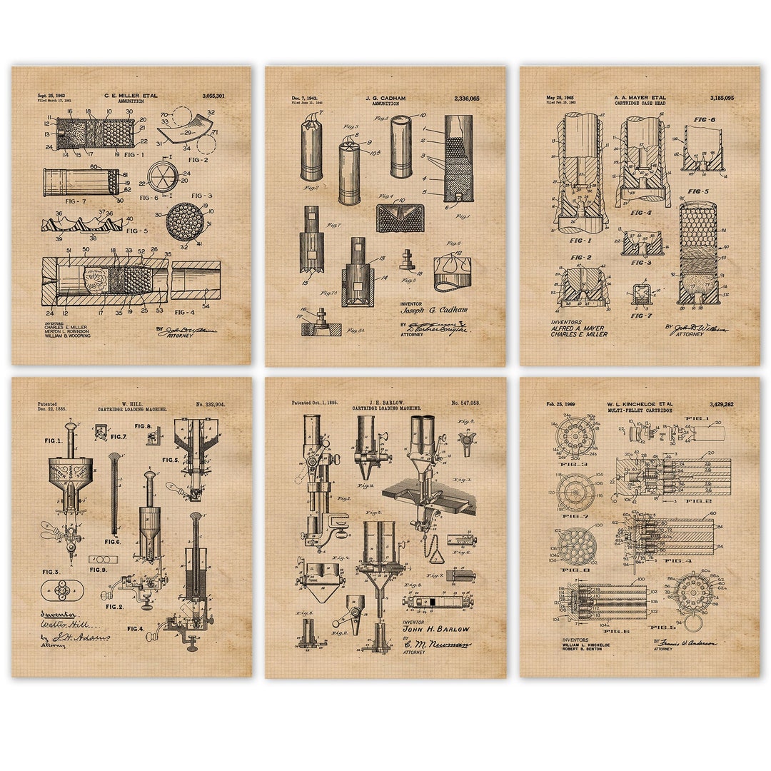 Vintage Cartridge Bullet Ammo Shell Pellet Tools Patent Prints, 6 ...