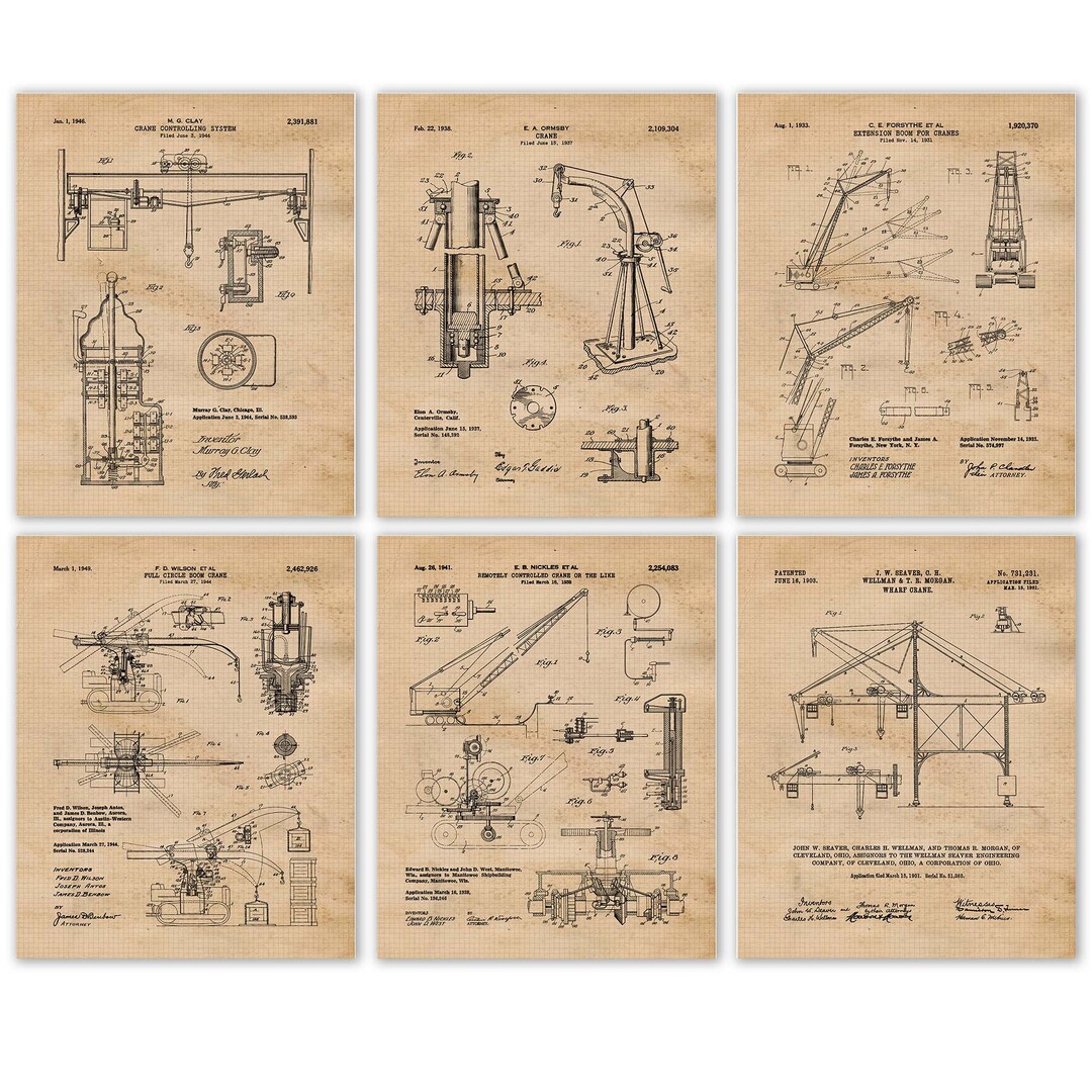 Vintage Crane Tools Systems Patent Prints, 6 Unframed Photos, Wall Art ...