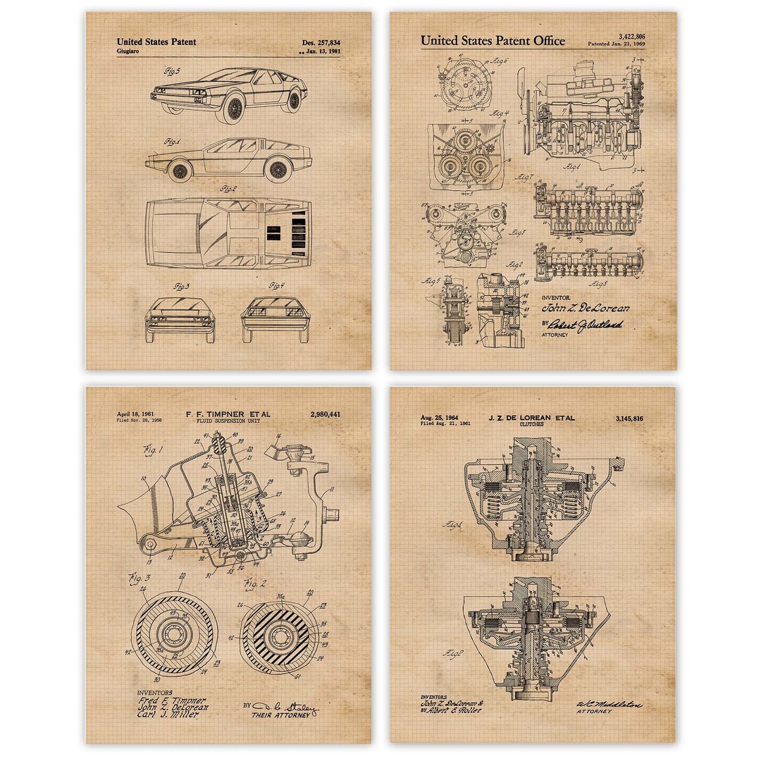 Classic Delorean DMC Patent Prints, 4 Unframed Photos, Wall Art Decor ...