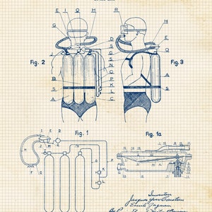 Vintage Scuba Diving Patent Prints, 4 Unframed Photos, Wall Art Decor ...