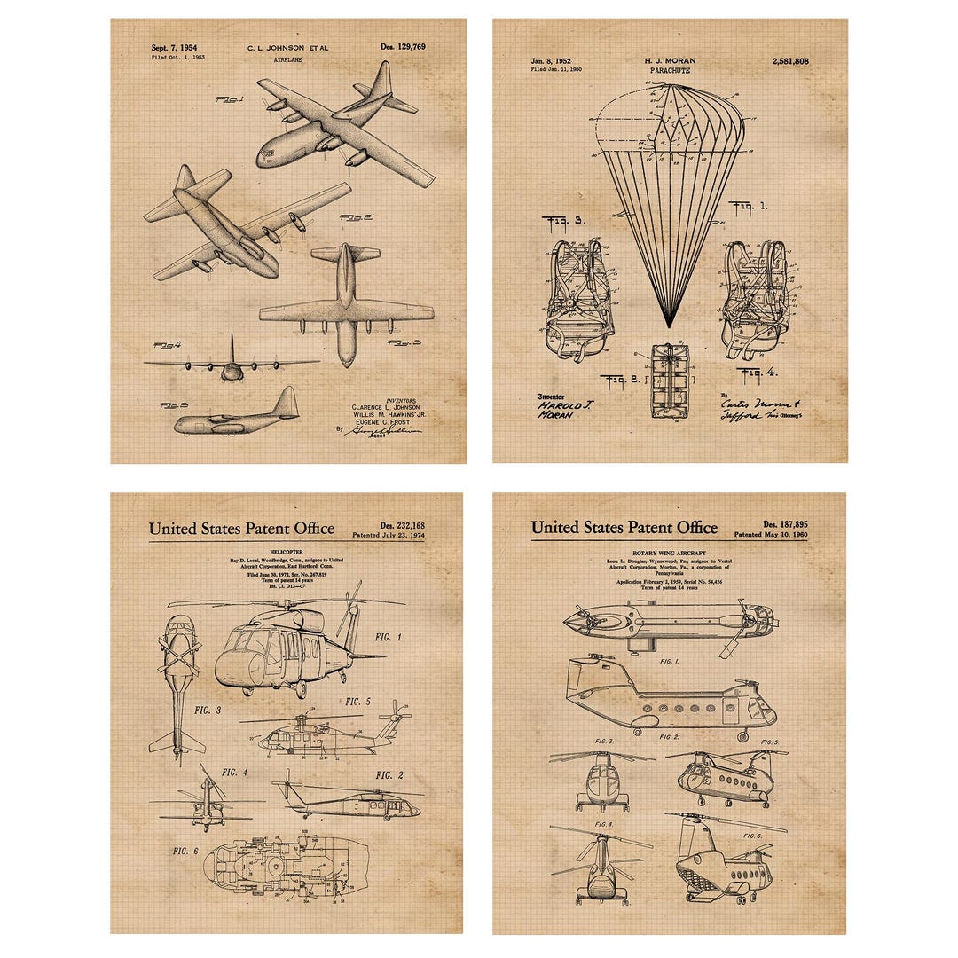 Classic Military Airborne Airplane Helicopter Parachute Patent Prints ...