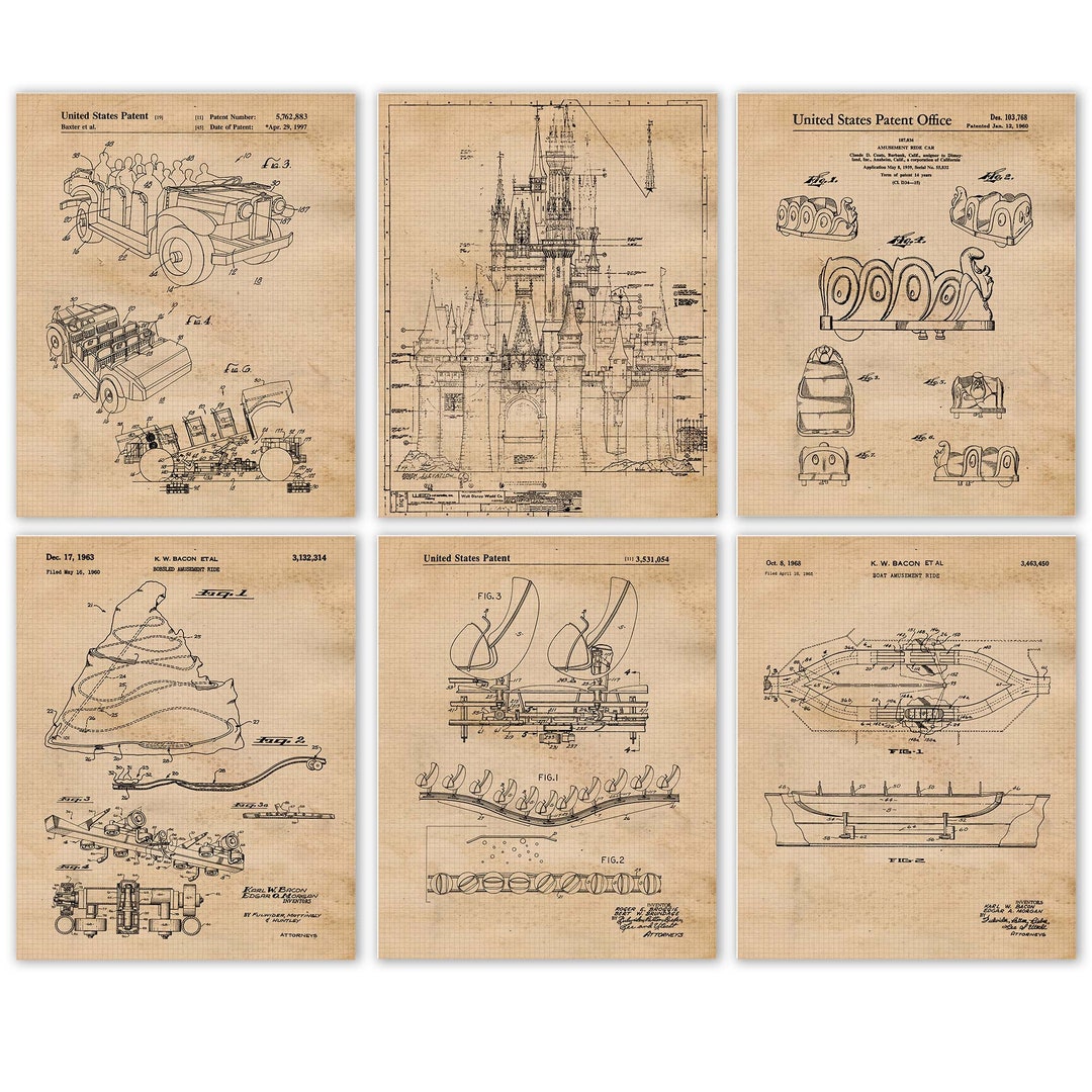 Vintage Disney Rides #28 Patent Prints, 6 Unframed Photos, Wall Art ...