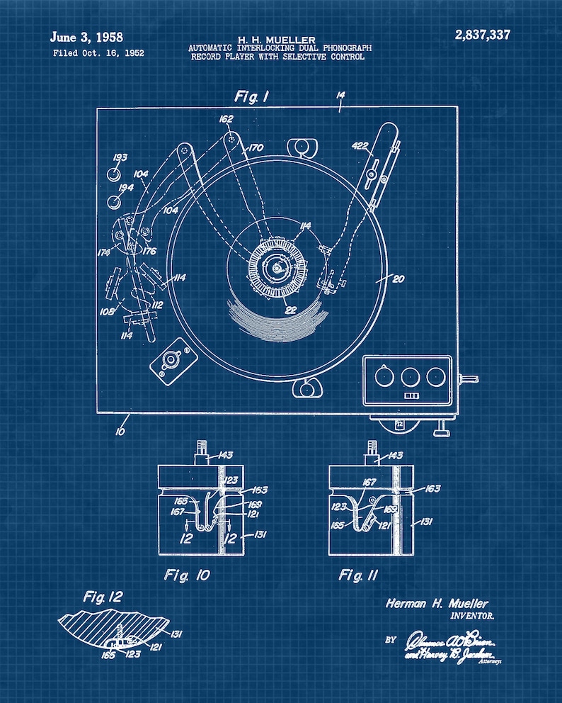 Vintage Vinyl Record Player Patent Prints, 4 Unframed Photos, Wall Art ...