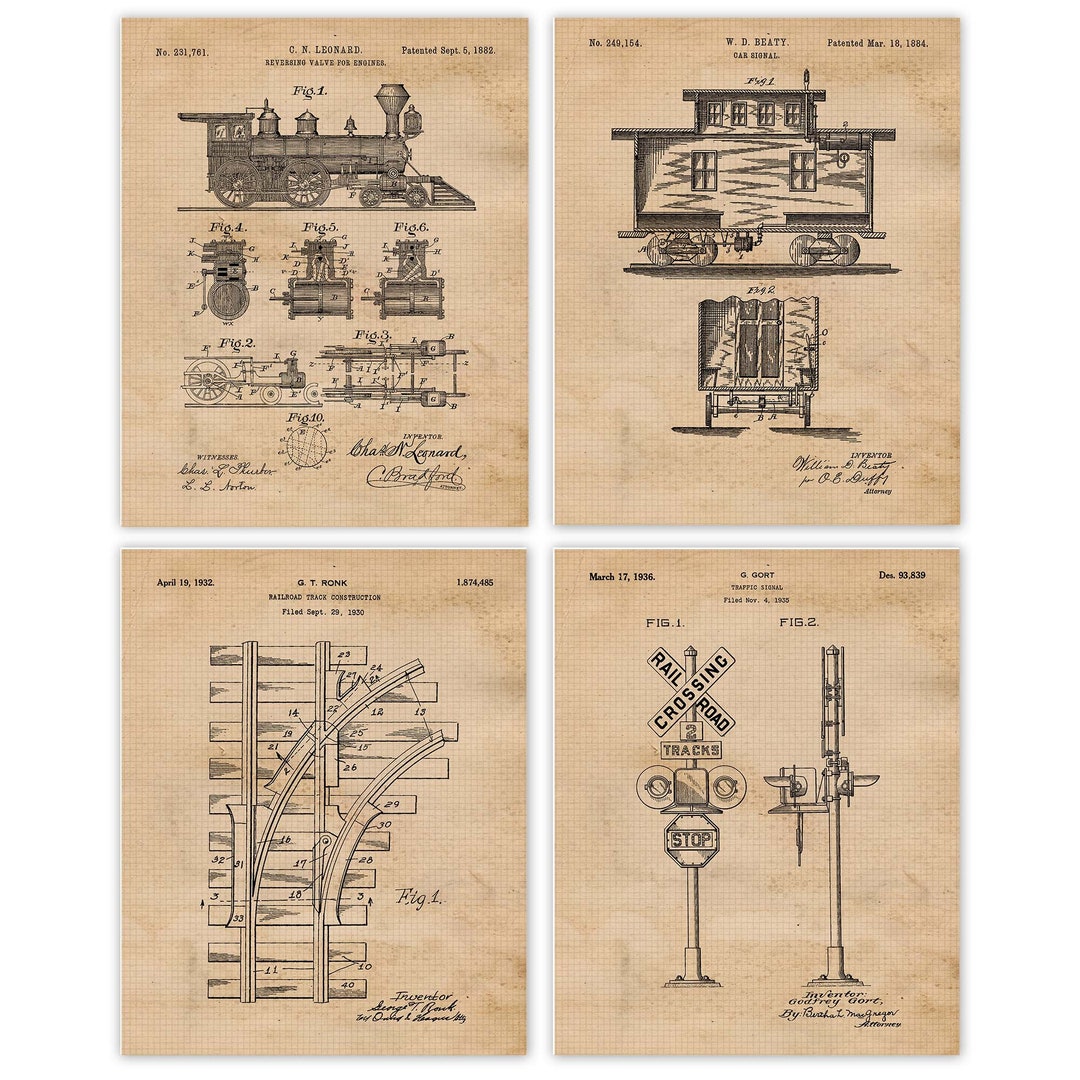 Vintage Railroad Train Patent Prints, 4 Unframed Photos, Wall Art Decor ...