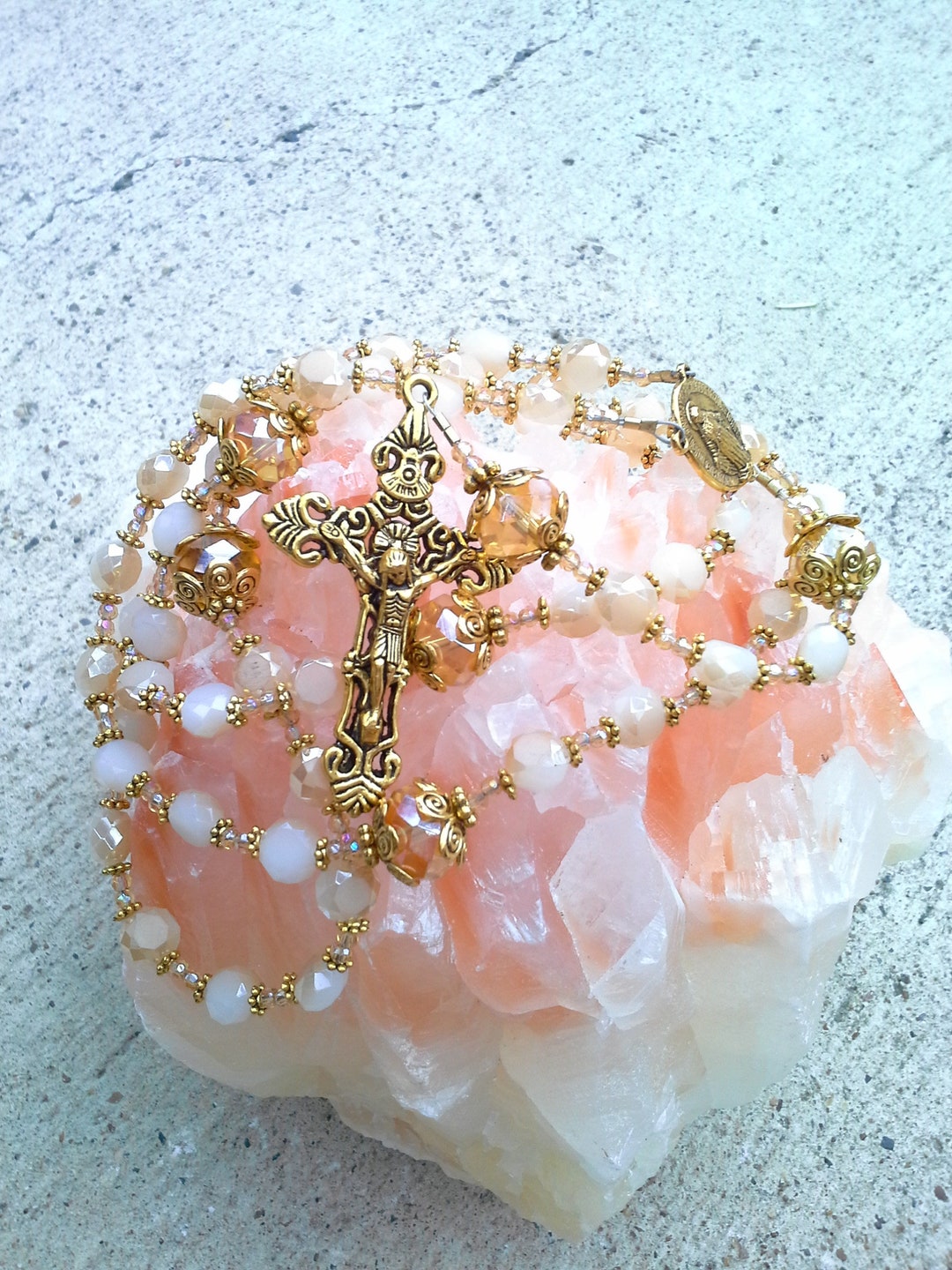 Handmade Cream Rosary – Miraculous Medal, Gold Crucifix, Catholic ...