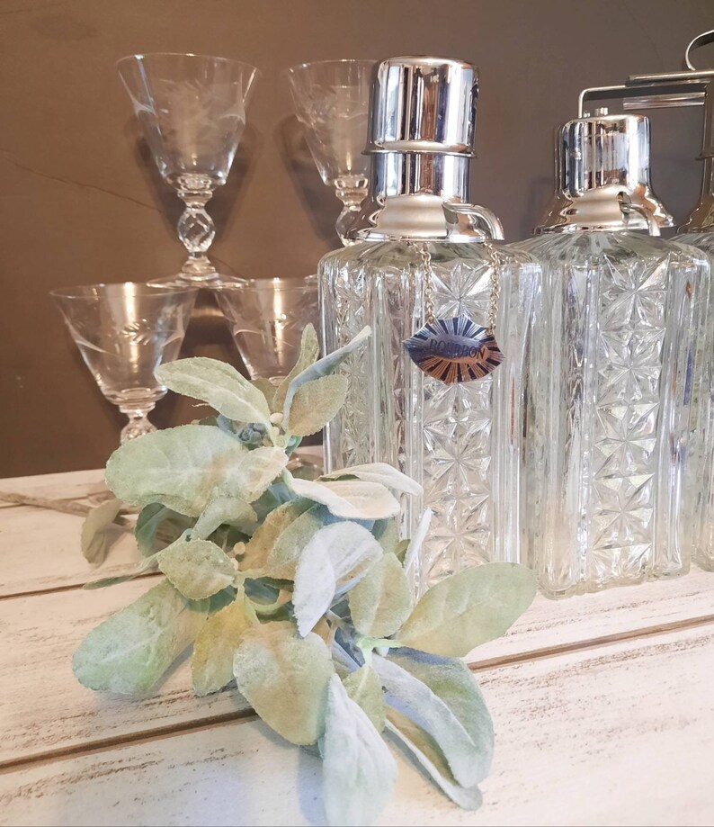 Set of three crystal decanter with chrome caddy 1950s MCM | Etsy