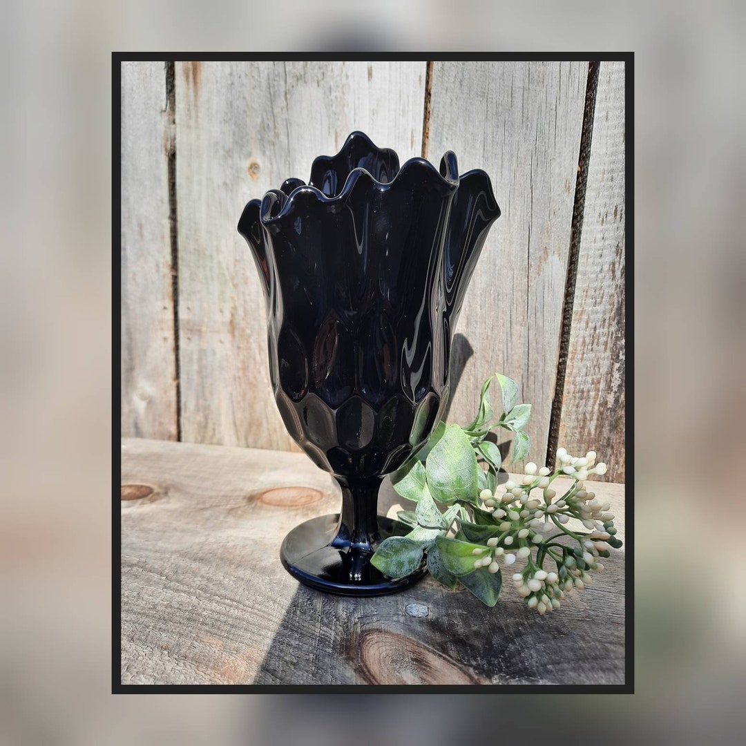 Vintage Fenton Art Glass Black Ebony Thumbprint Ruffled Swung Rim Vase ...