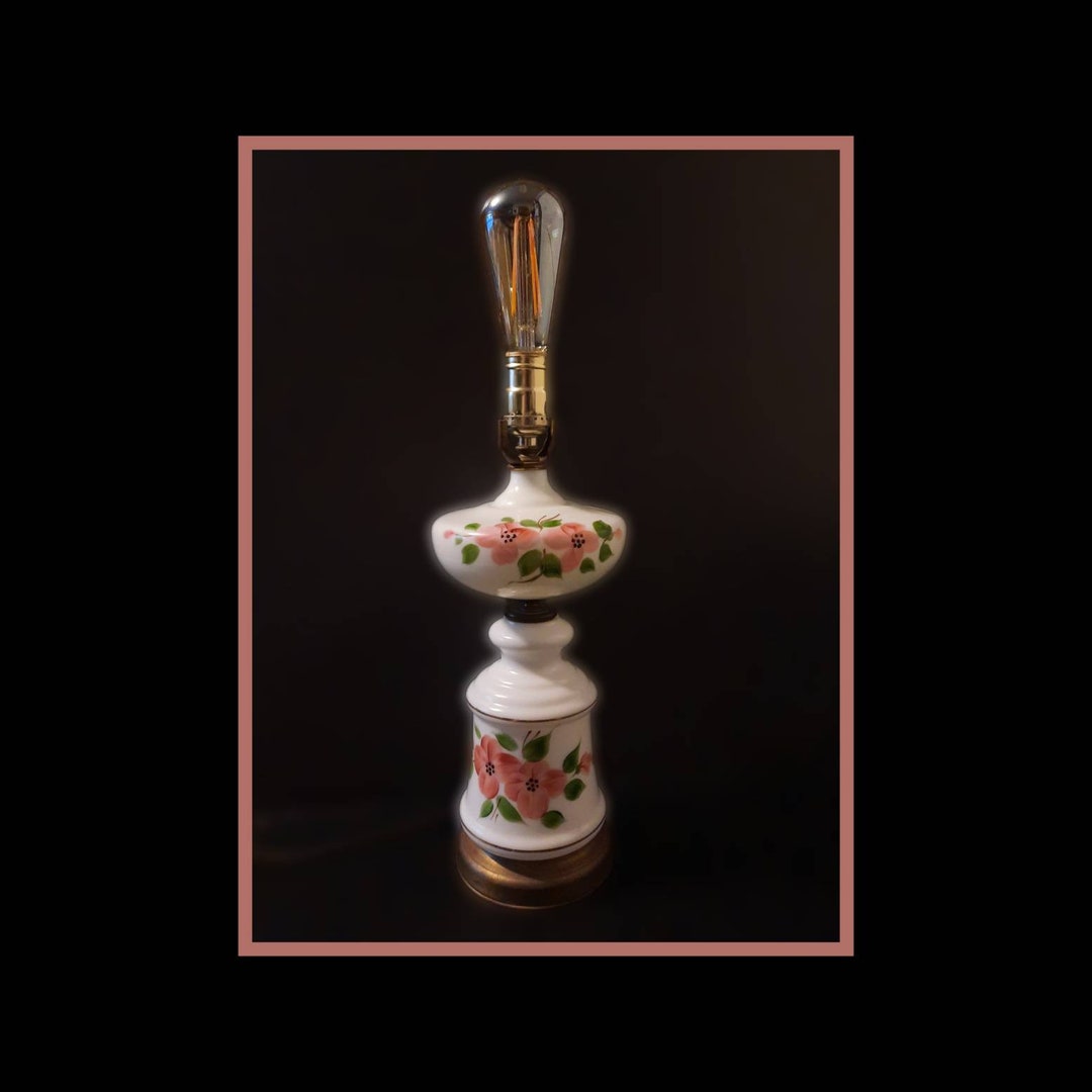 Cottagecore Milk Glass Decorative Lamp With Hand Painted Flowers ...