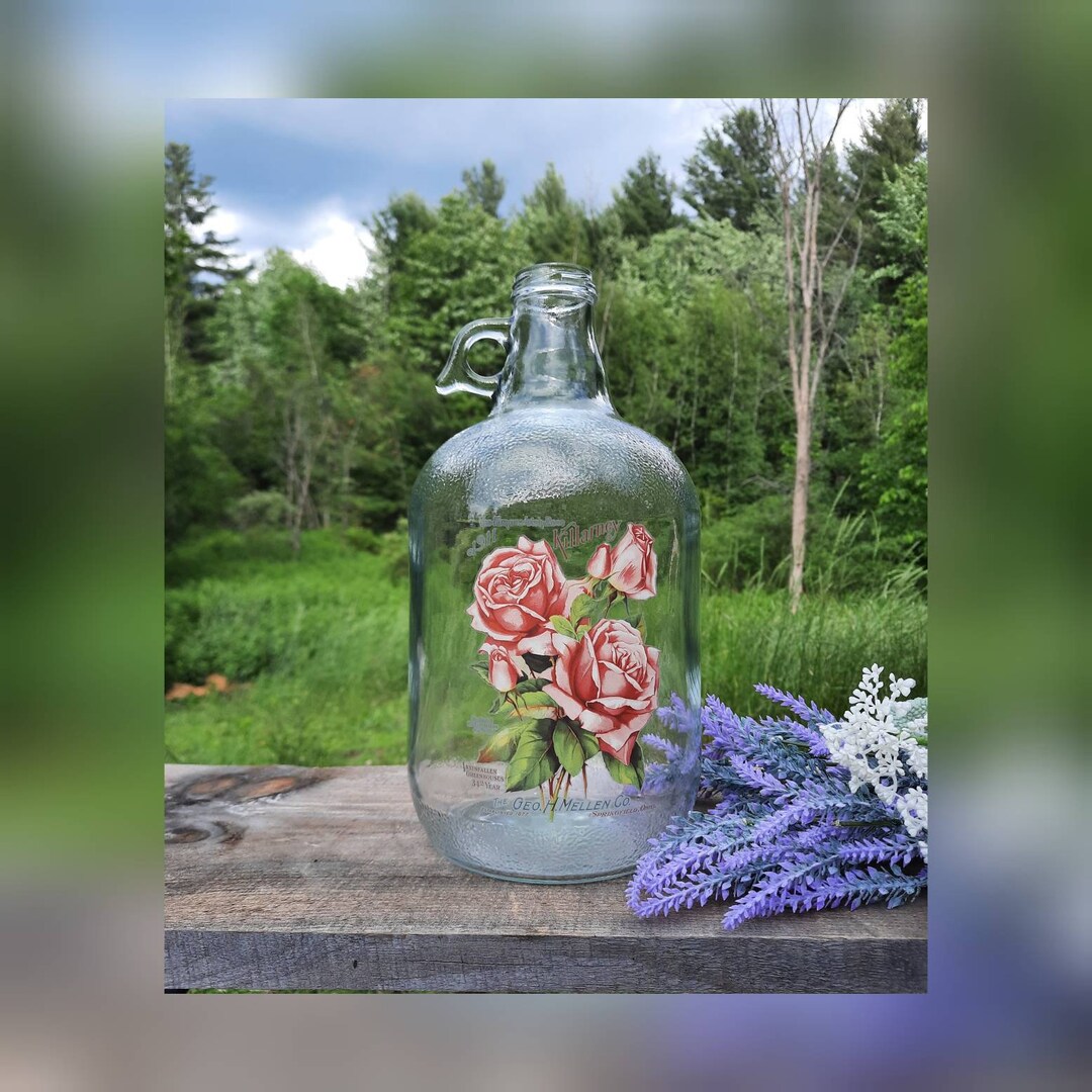 Vintage Glass Gallon Jug With Ring Handle and French Farmhouse Transfer ...