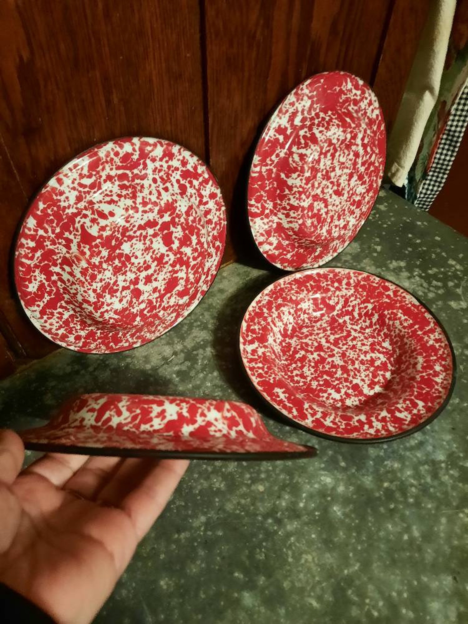 Set of 4 Red and White Marble Enamelware 8 Soup Bowls - Etsy